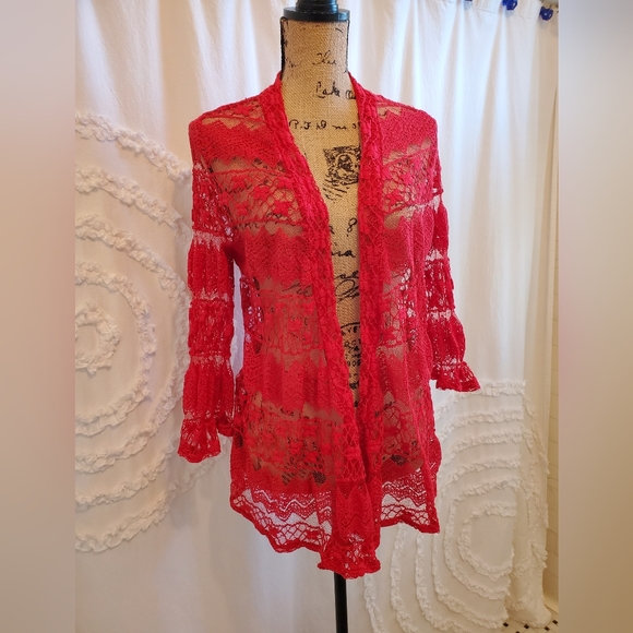 Silky Brand | Jackets & Coats | Sheer Red Lace | Poshmark